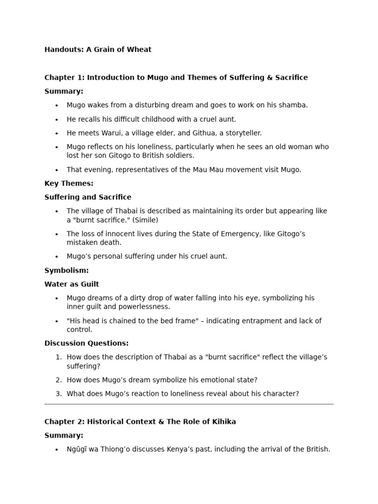 Copy of a Grain of Wheat Chapters 1-11 Students Handouts | PDF