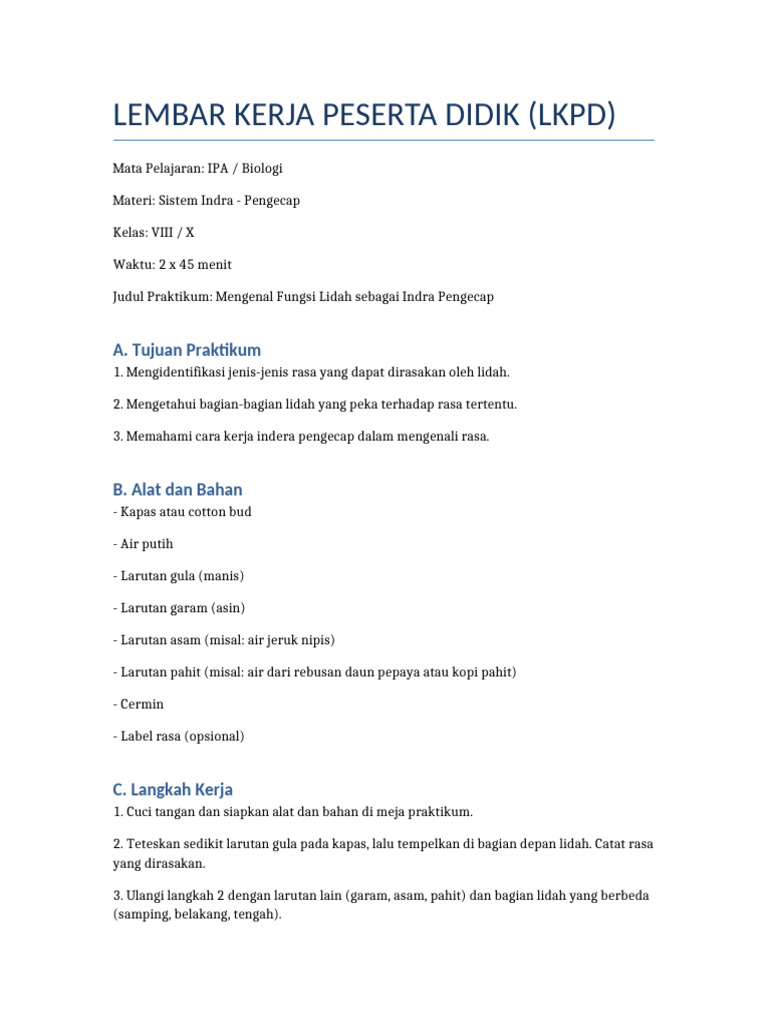 LKPD Praktek Sistem Indra Pengecap | PDF
