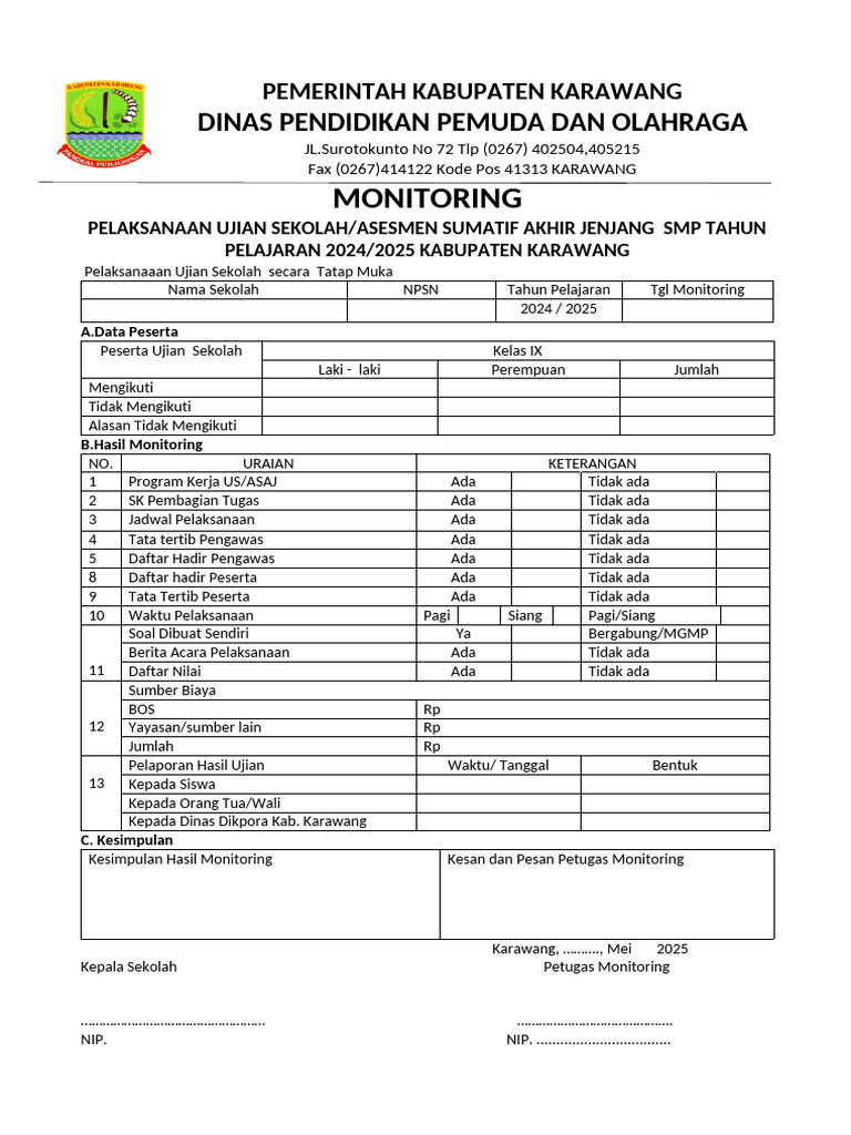 Instrumen Monitoring Ujian Sekolah - ASAJ Tahun 2025 | PDF