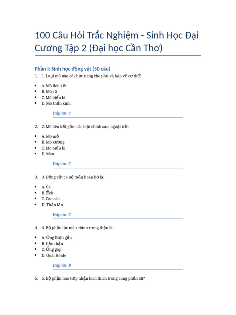 100 Cau Trac Nghiem Sinh Hoc Tap 2 DH Can Tho | PDF