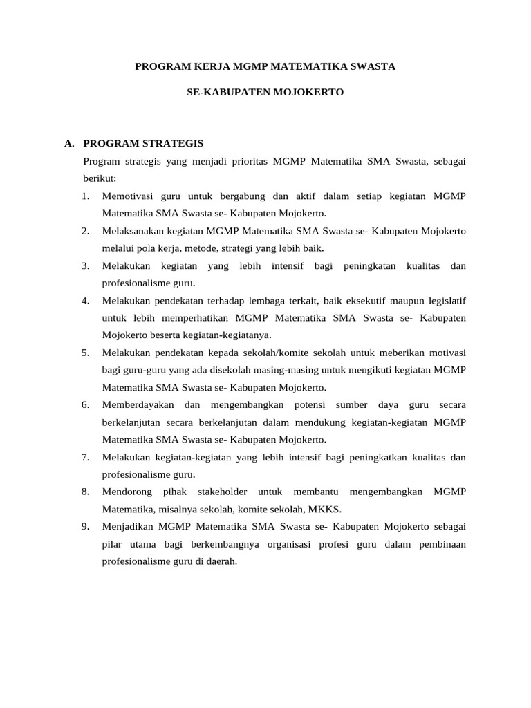 PROGRAM KERJA MGMP MATEMATIKA SWASTA | PDF