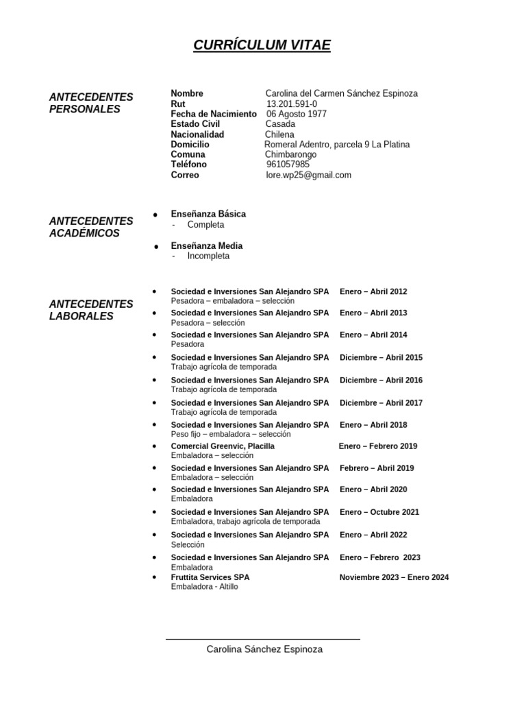 Curriculum Carolina Sanchez (Agricola) | PDF