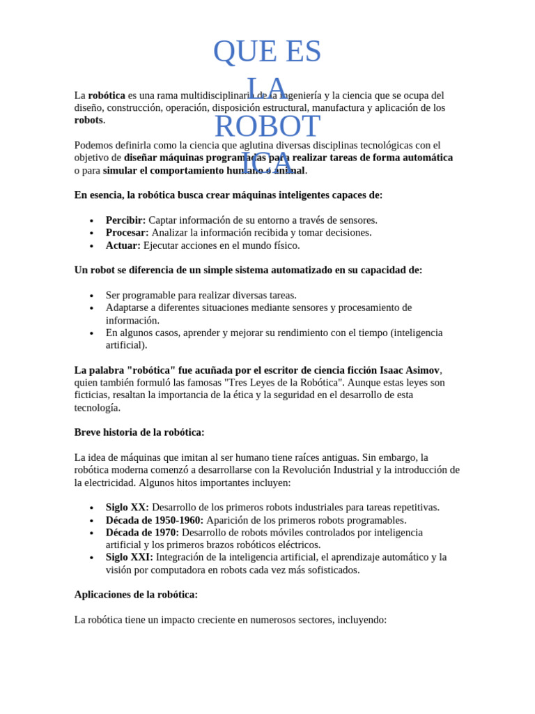 Introducción a la Robótica: Definición y Aplicaciones | PDF | Robótica ...
