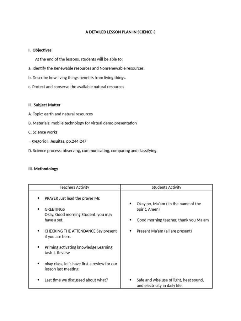 Science Lesson Plan: Natural Resources | PDF | Renewable Resources ...