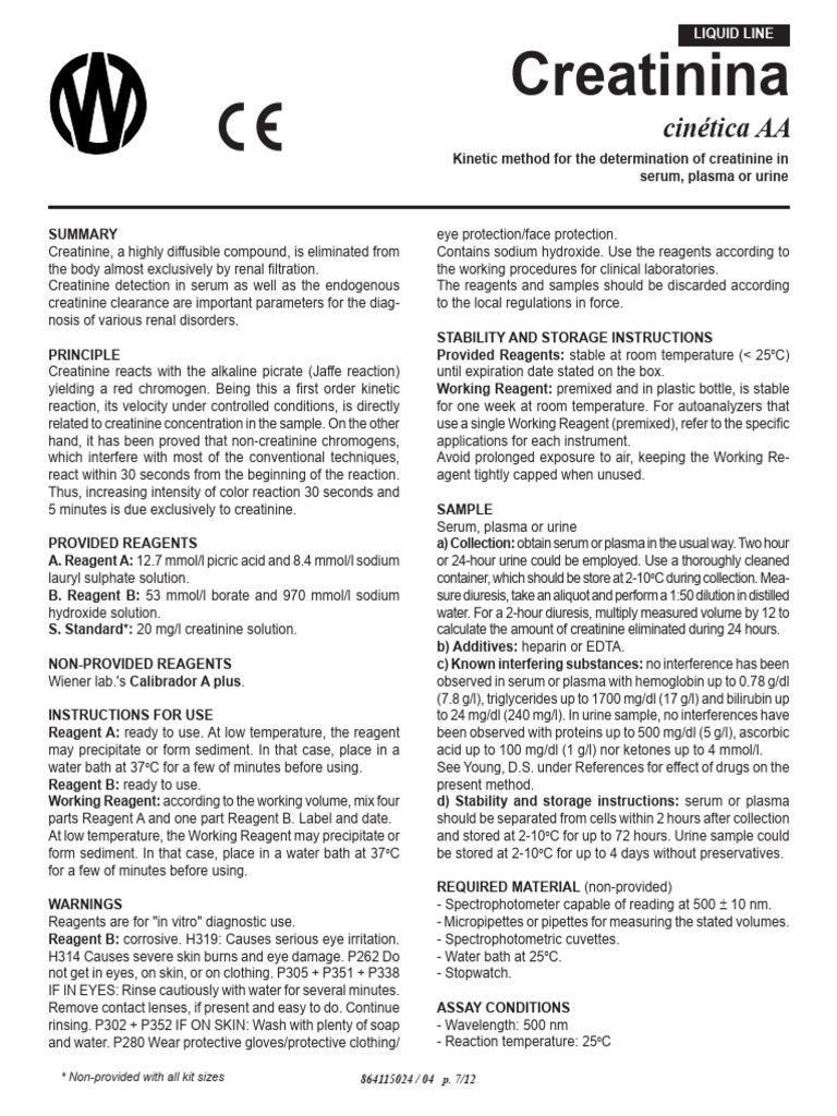 CREA Creatinina Cinetica AA | PDF | Creatinine | Chemistry