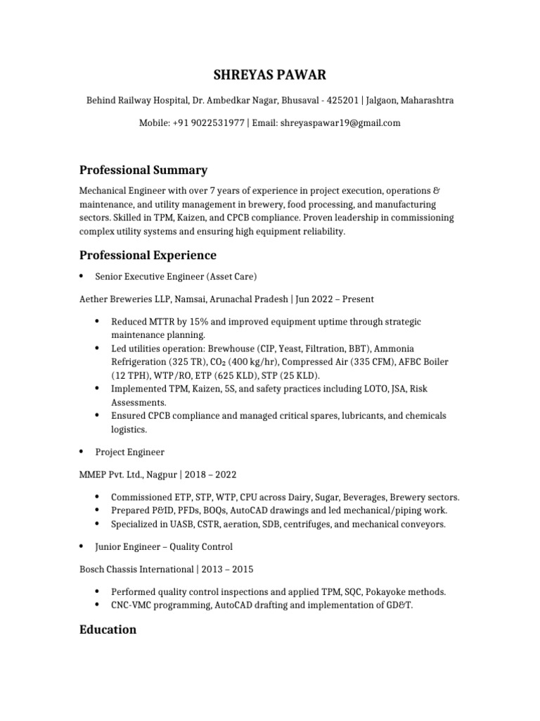 Shreyas Pawar Improved Resume | PDF | Secondary Sector Of The Economy