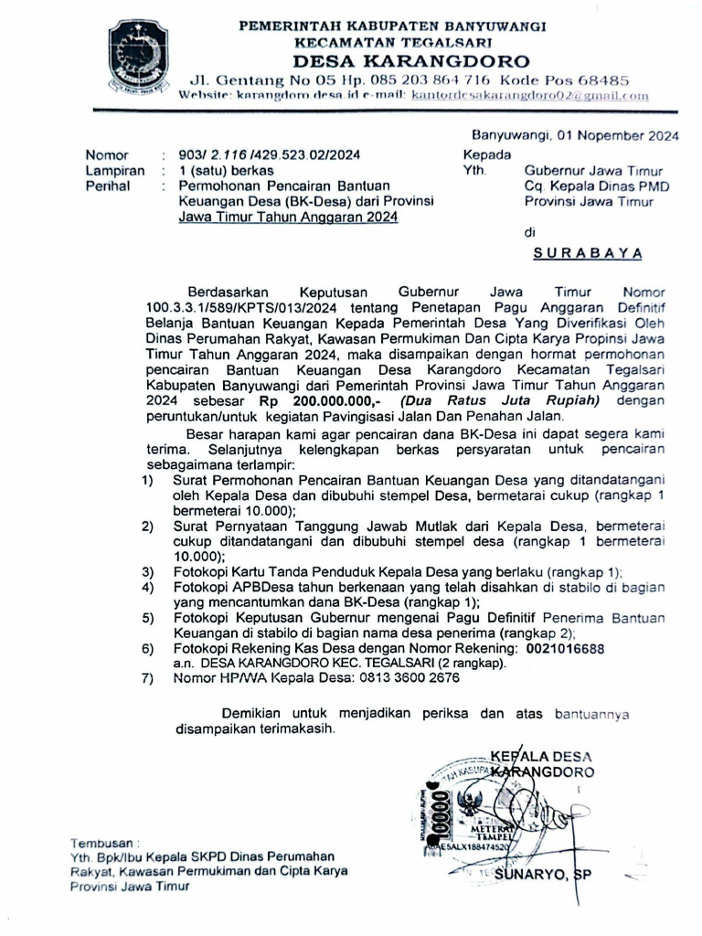 Berkas Permohonan BK Desa Karangdoro | PDF