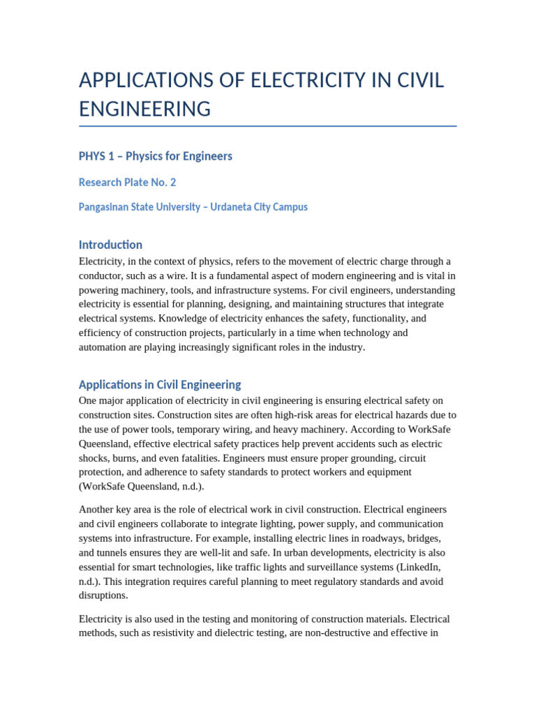 Applications of Electricity in Civil Engineering Final | PDF | Electricity | Civil Engineering