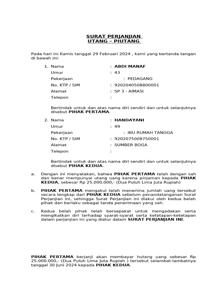Surat Perjanjian Utang Piutang 2024 | PDF