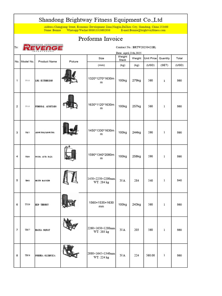 Shandong Brightway Fitness Equipment Co.,Ltd Proforma Invoice | PDF | Weight Training