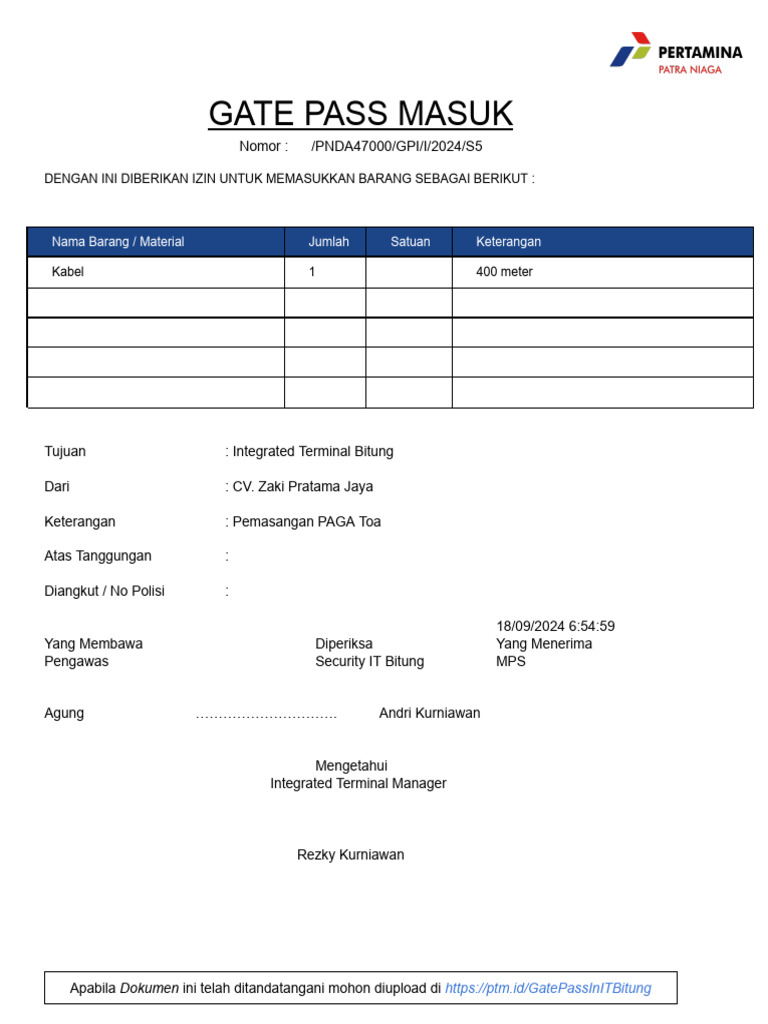 GATE PASS IN IT BITUNG (Kabel) | PDF
