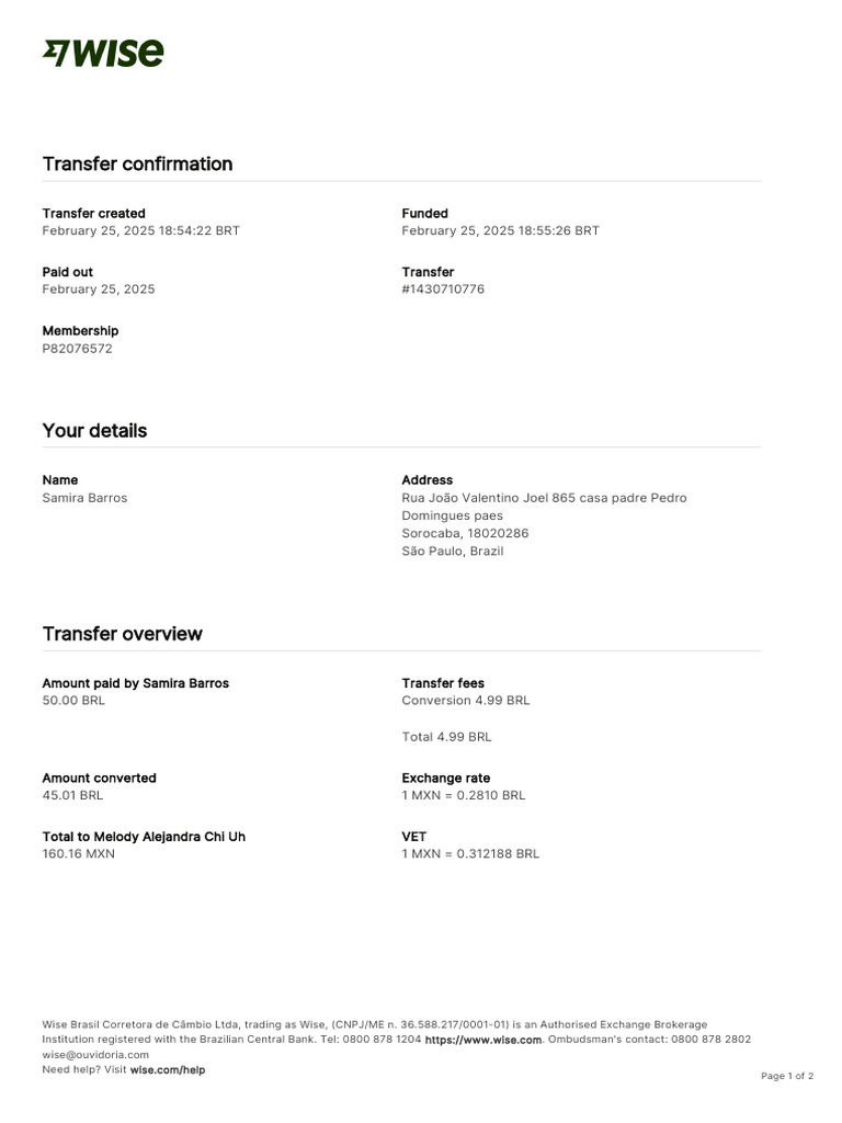 Transfer Confirmation for Samira Barros | PDF | Money | Banking