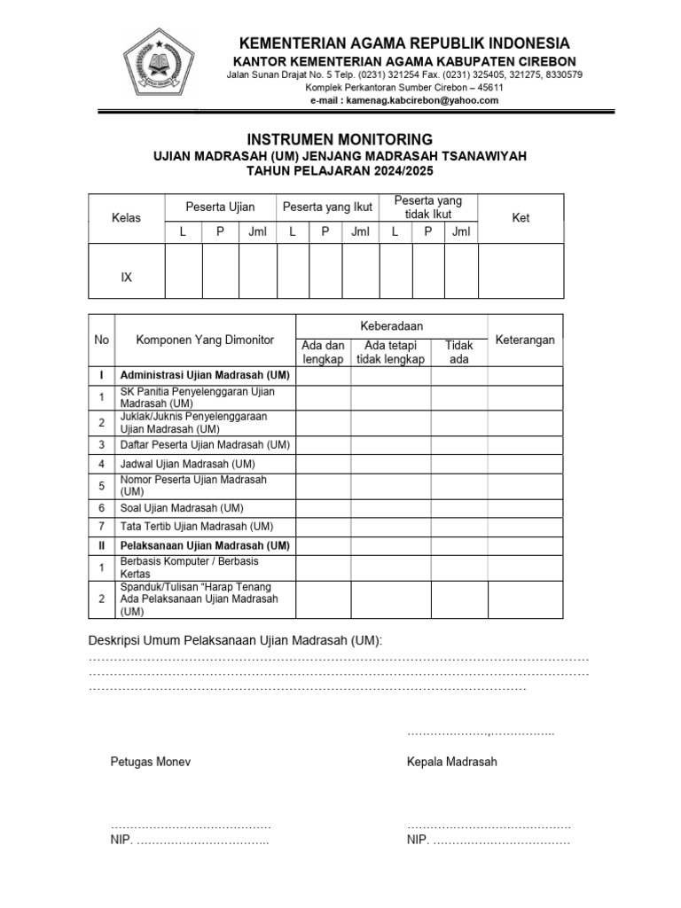 Instrumen Monitoring UM MTs 2025 | PDF
