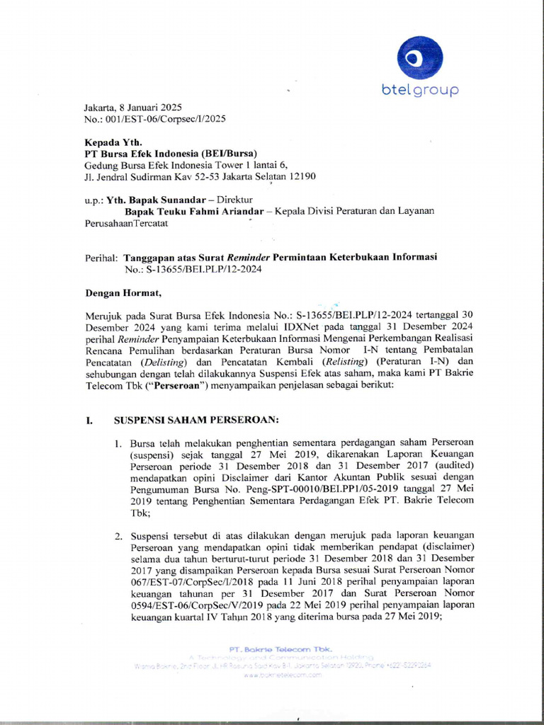 BTEL Laporan Informasi Dan Fakta Material 31844189 Lamp1 | PDF