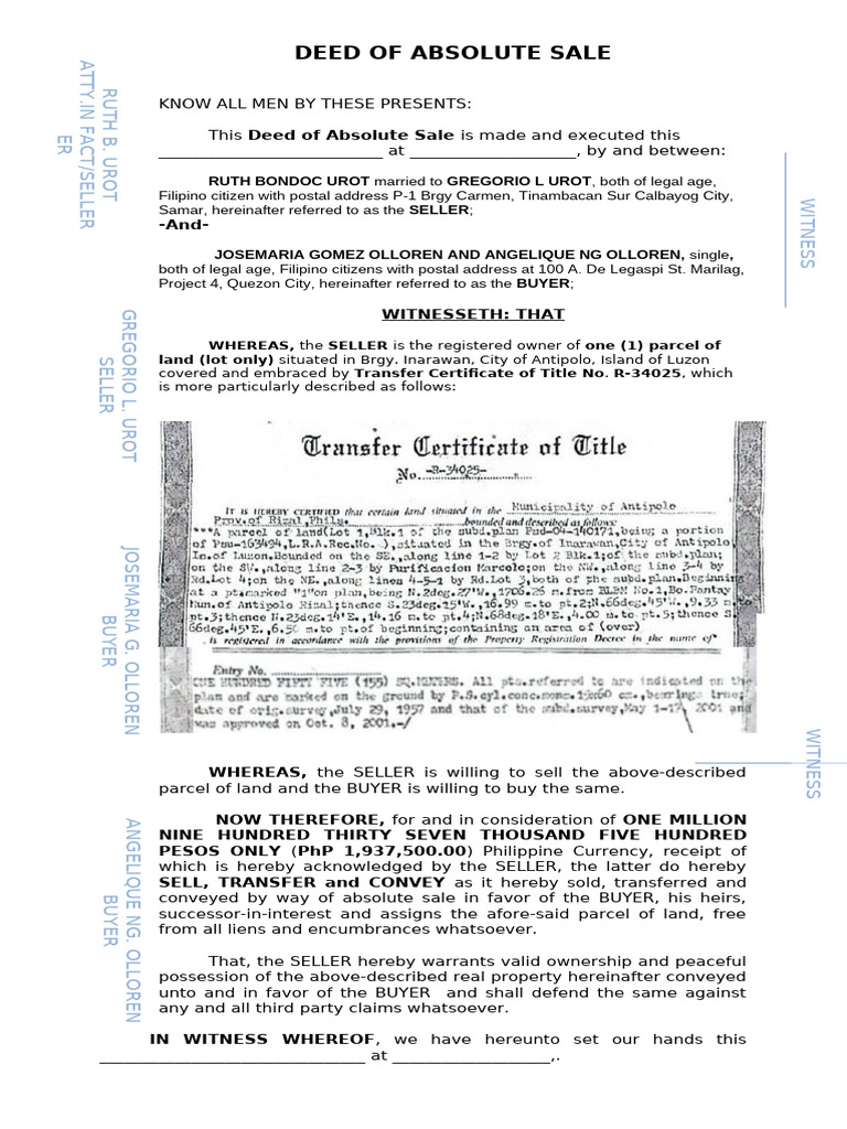 Deed of Absolute Sale for Land | PDF | Justice | Crime & Violence