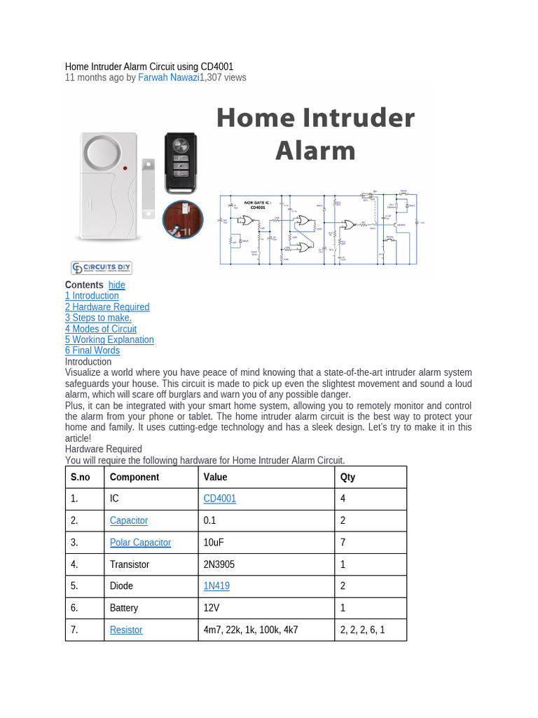 Home Intruder Alarm Circuit Using CD4001 | PDF | Electrical Network | Relay