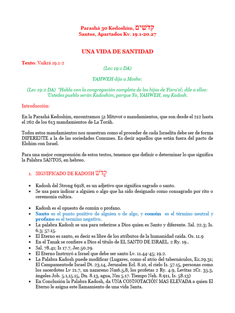 Parashá 30 Kedoshim UNA VIDA DE SANTIDAD | PDF | Teología | Concepciones de dios