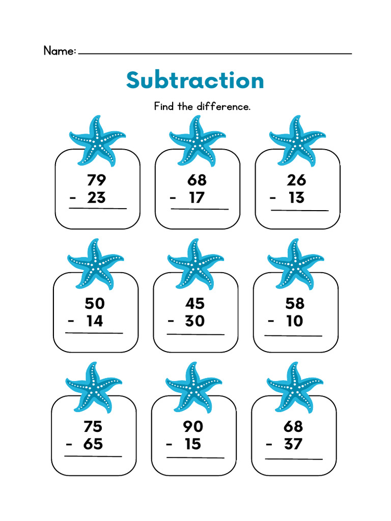 Blue Cute Subtraction Mathematics Worksheet | PDF