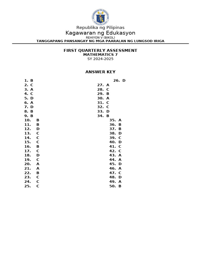 MATH7-Q1-Answer Key | PDF
