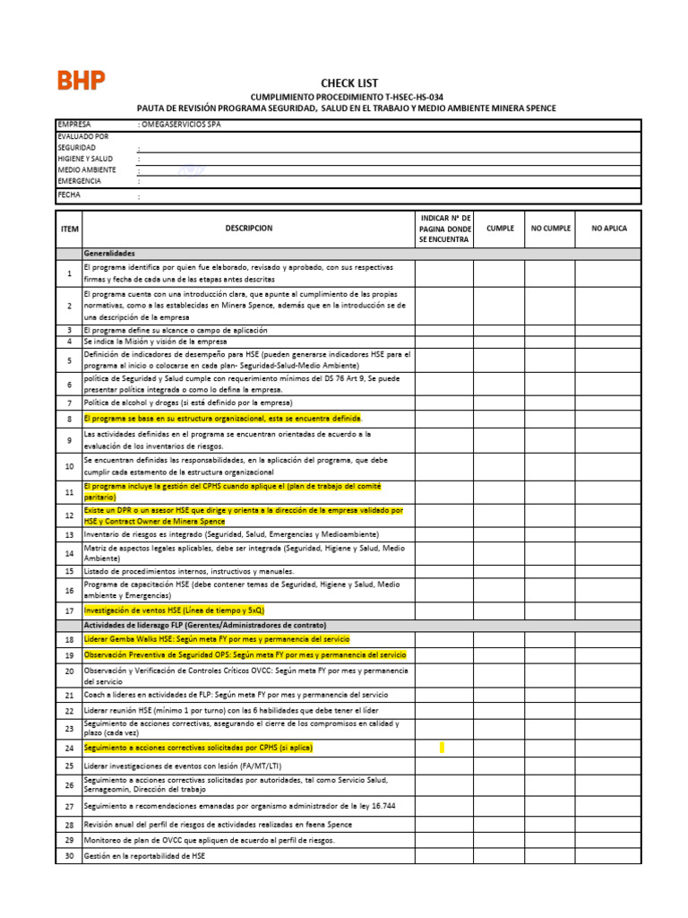 CHECK LIST PROGRAMA HSE - 1 Evaluación 2 | PDF | Auditoría