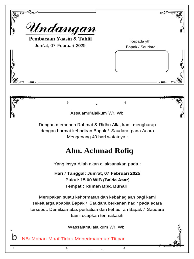 Putih Hitam Minimalis Klasik Undangan Yasin Dan Tahlil | PDF