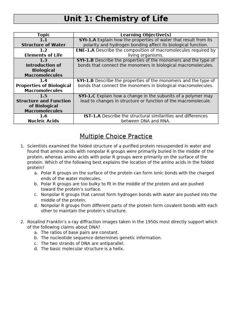 Unit 1 Multiple Choice Practice | PDF | Macromolecules | Chemical Polarity