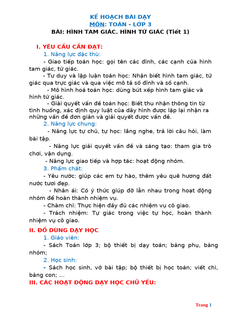 GA Toan 3 CTST Bai HINH TAM GIAC. HINH TU GIAC | PDF