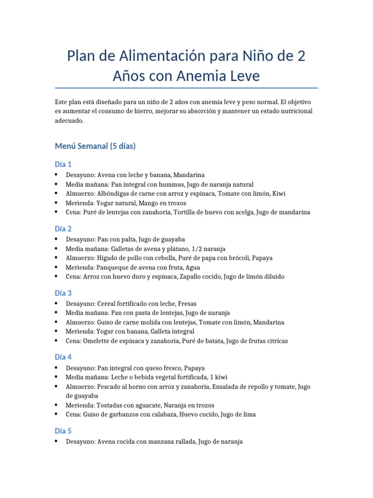 Menú Dieta para Niño con Anemia | PDF | Cocina occidental | Cocina