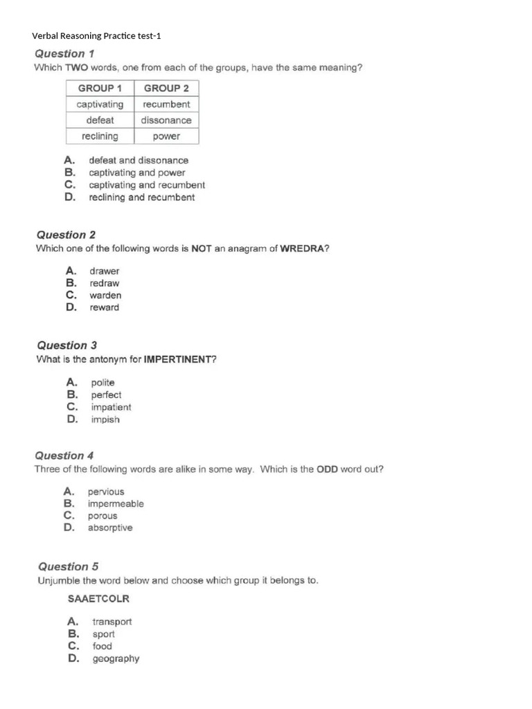 Verbal Reasoning Practice test | PDF