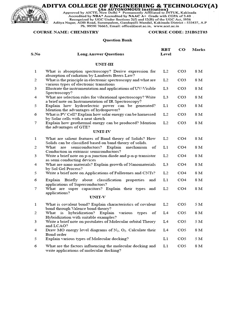 Acetr23 Sessional - II Chemistry Question Bank | PDF | Chemical Bond ...