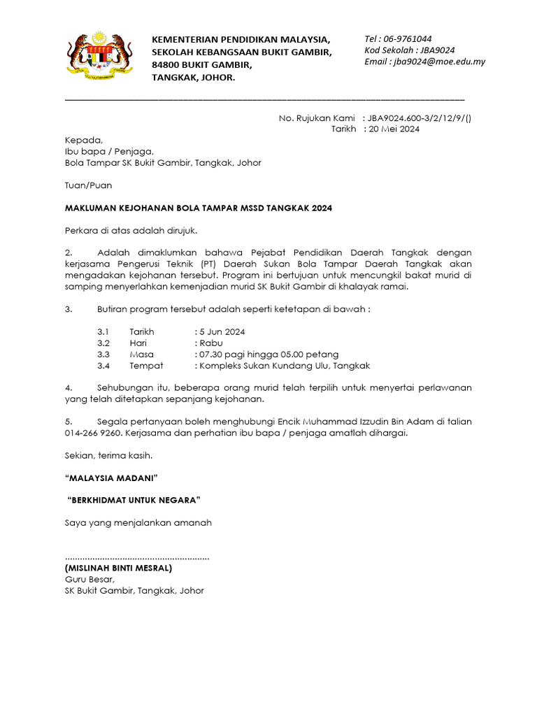 Surat Kebenaran Kejohanan Bola Tampar MSSD SKBG 2024 | PDF