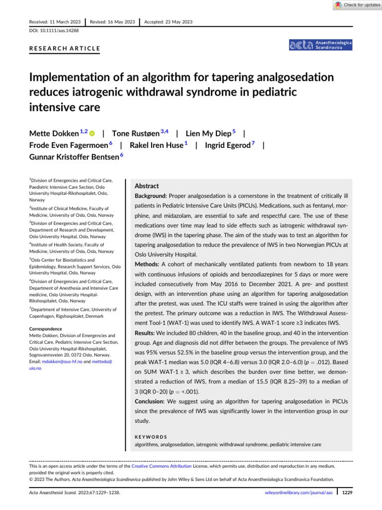 Acta Anaesthesiol Scand - 2023 - Dokken - Implementation of an Algorithm for Tapering ...