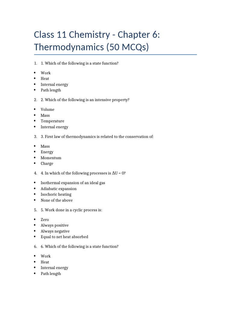Class11 Chemistry Chapter6 Thermodynamics 50 MCQs | PDF | Heat | Physical Chemistry