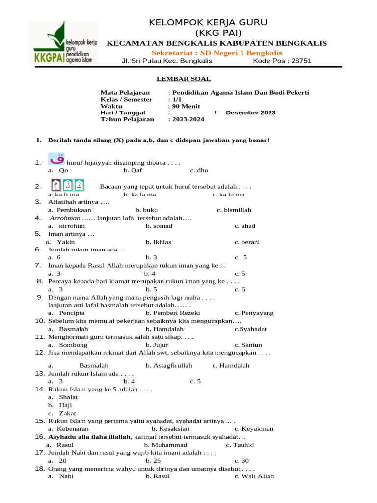 Soal Asesmen Ganjil Kelas 1 Kumer | PDF