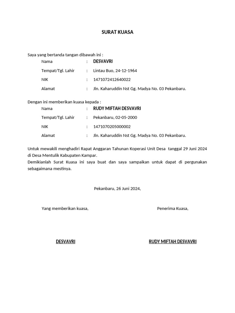 Surat Kuasa Rapat Koperasi 2024 | PDF