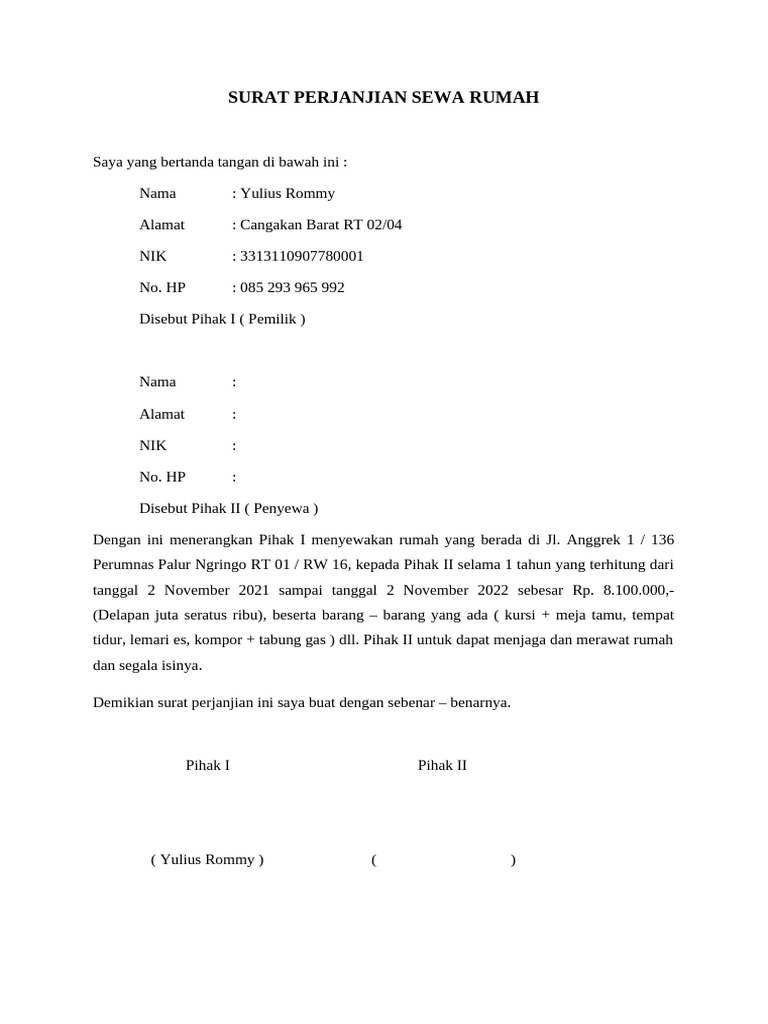 Surat Perjanjian Sewa Rumah | PDF