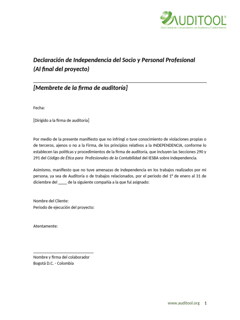 Declaracion de Independencia Del Socio y Personal Profesional Al Cierre ...