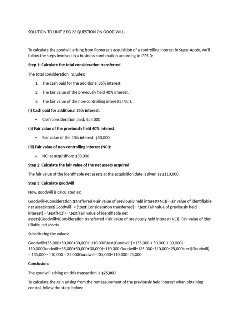 Advance Accounting Solution To Unit 2 PG 23 Question On Good Will | PDF | Goodwill (Accounting ...