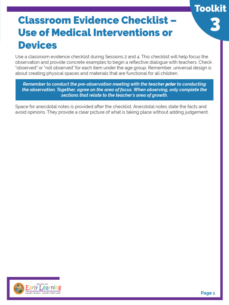 16 Tlkt 3 Classroom Evidence Checklist Medical Needs | PDF | Classroom