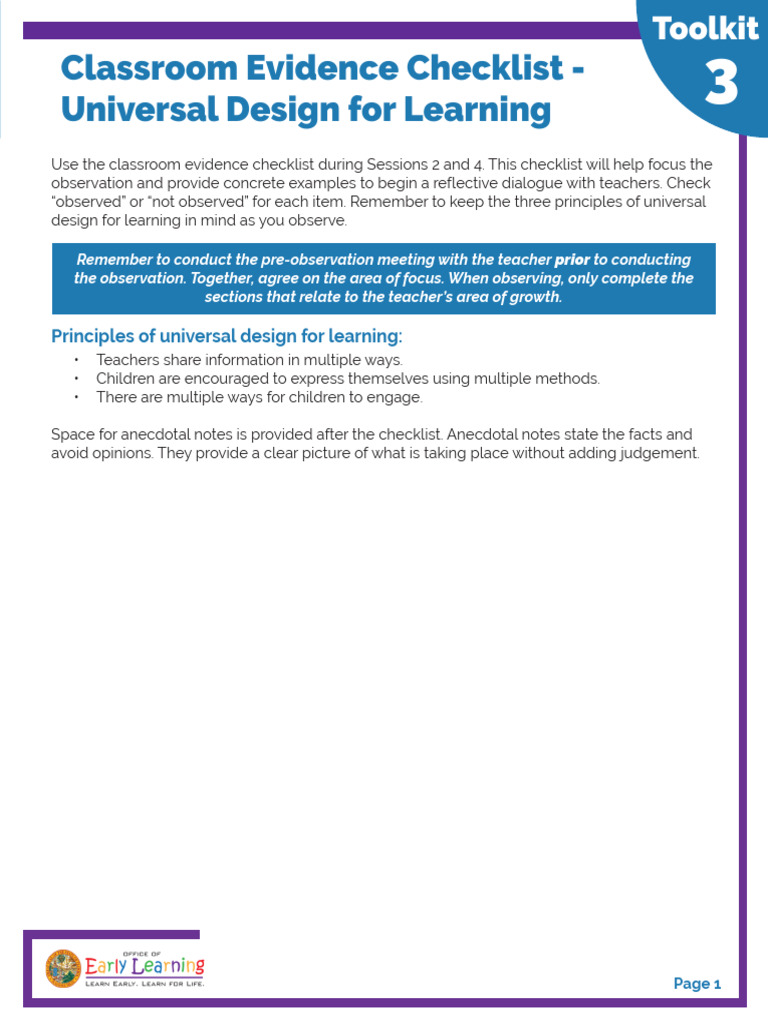15 TLKT 3 Classroom Evidence Checklist Universal Design For Learning ...