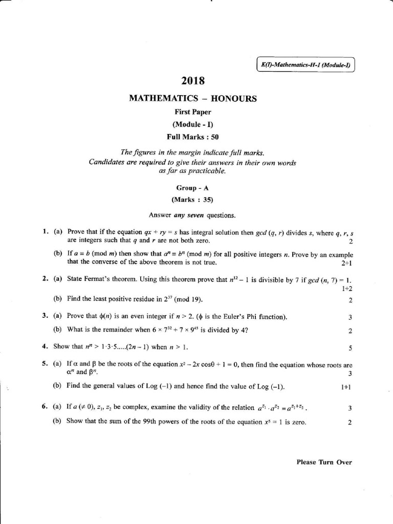 CU-2018 B.sc. (Honours) Mathematics Paper-I Module-I QP | PDF