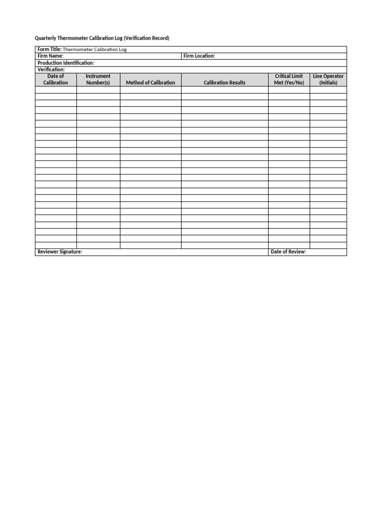 Thermometer Calibration Log Template | PDF