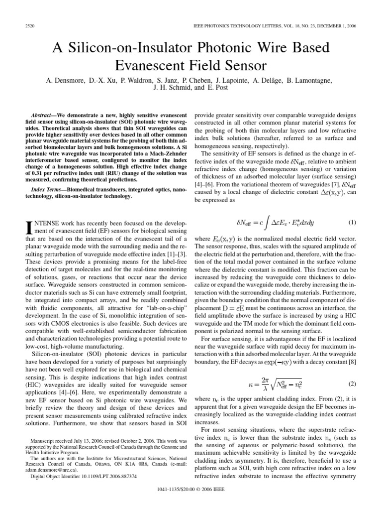 A Silicon-on-Insulator Photonic Wire Based Evanescent Field Sensor ...