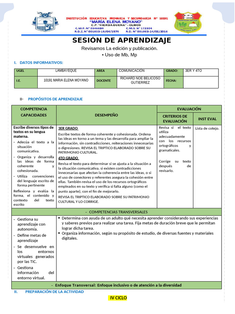 Primera Semana de Agosto - Com - Revisamos Nuestro TR Pticos - Iv Ciclo | PDF | Aprendizaje ...