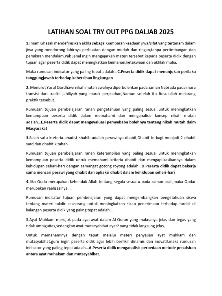Latihan Soal Try Out PPG Daljab 2025 | PDF