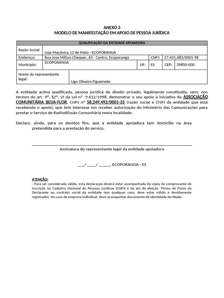 Anexo-3 - Manifestacao de Apoio de Pessoa Juridica Loja Maconica | PDF