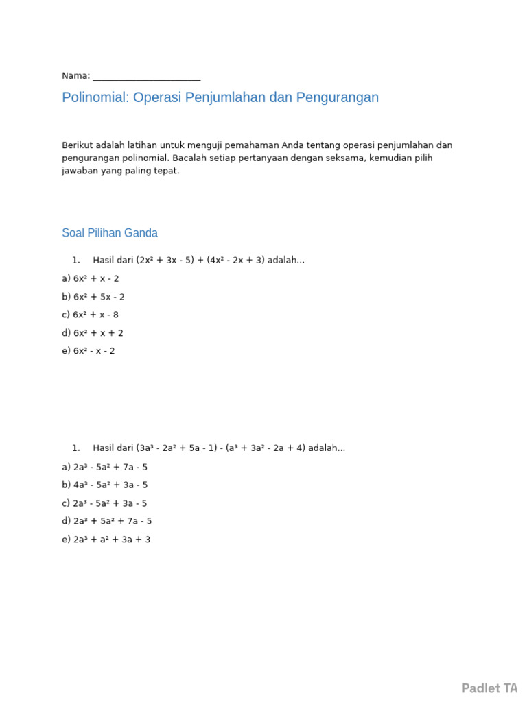 Polinomial - Operasi Penjumlahan Dan Pengurangan | PDF