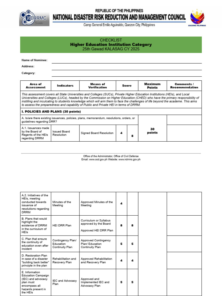 Final - Higher Education Institution Checklist Cy 2025 | PDF | Safety