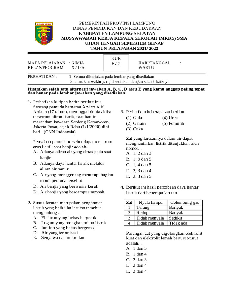 Uts Genap Kimia X 2021-2022 | PDF