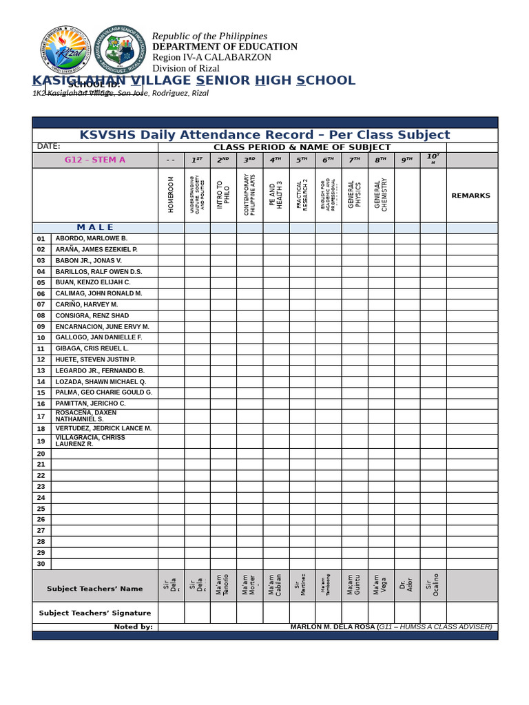 Daily Attendance Record for G12 STEM A | PDF